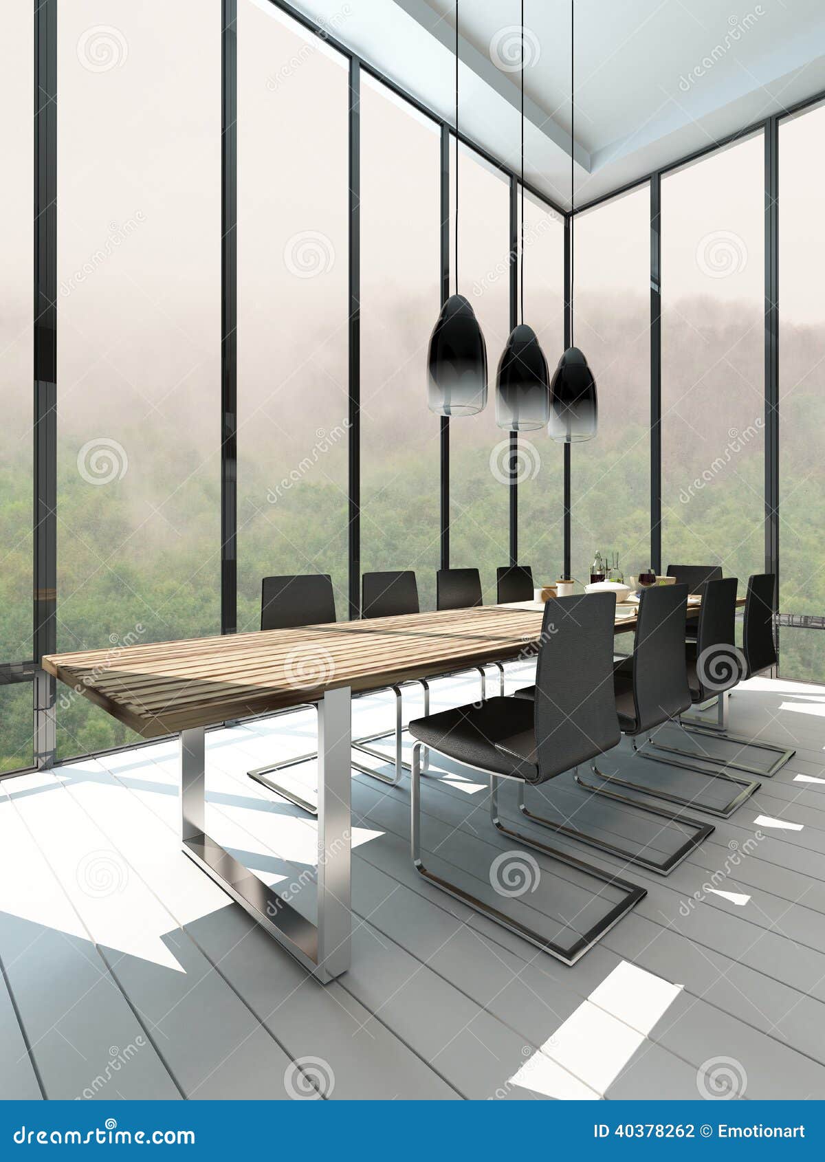 Dining Room Interior with Wooden Table Stock Photo - Image of home ...