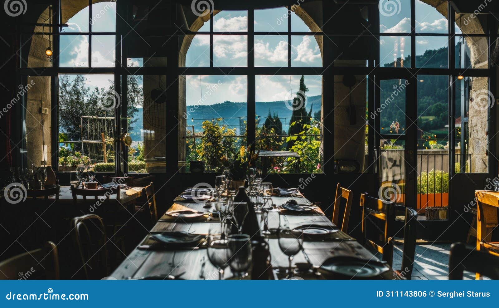 A Dining Room with Large Windows and a Table Set for Dinner, AI Stock ...