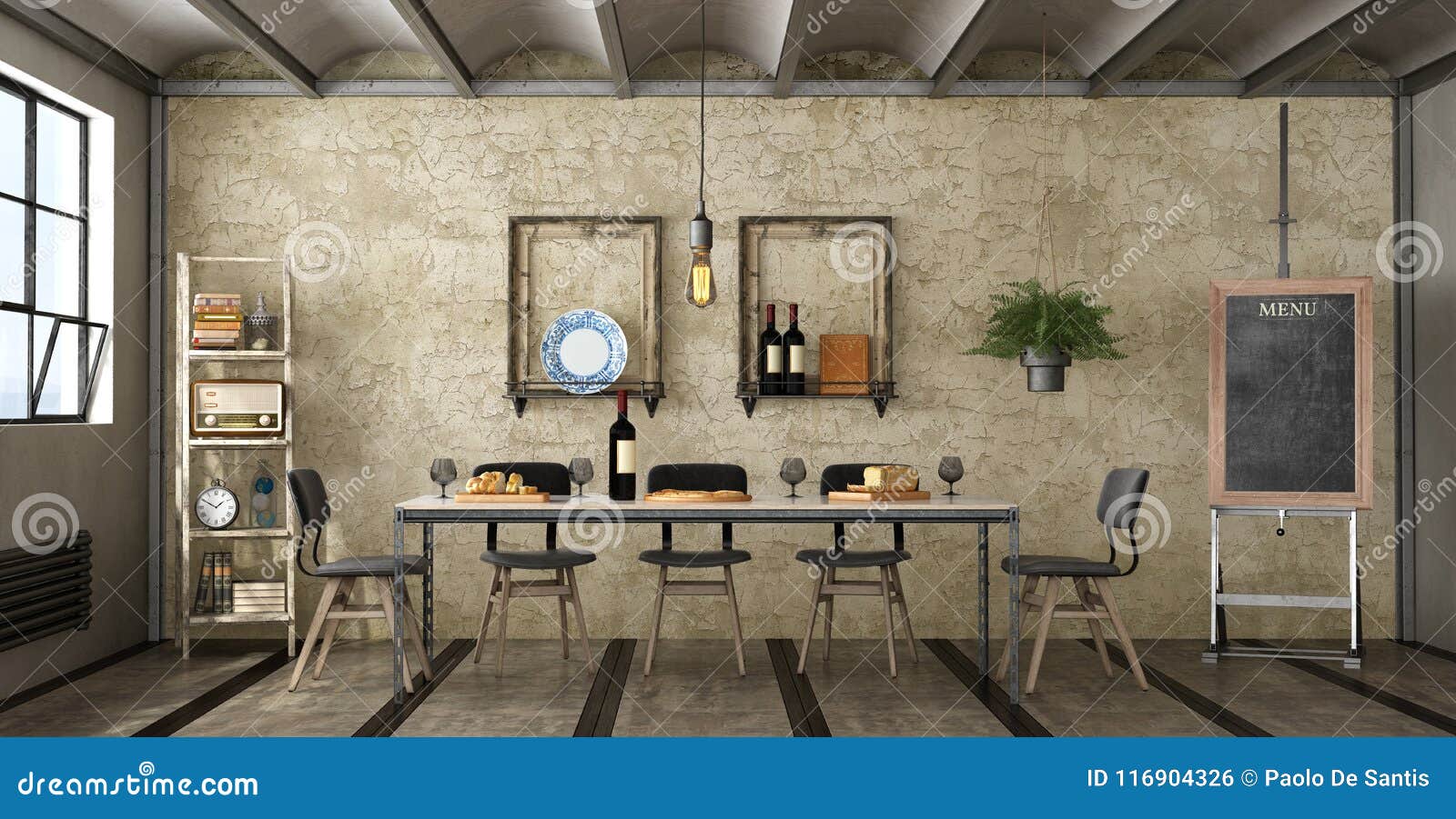 Dining room in a loft stock illustration. Illustration of indoor ...