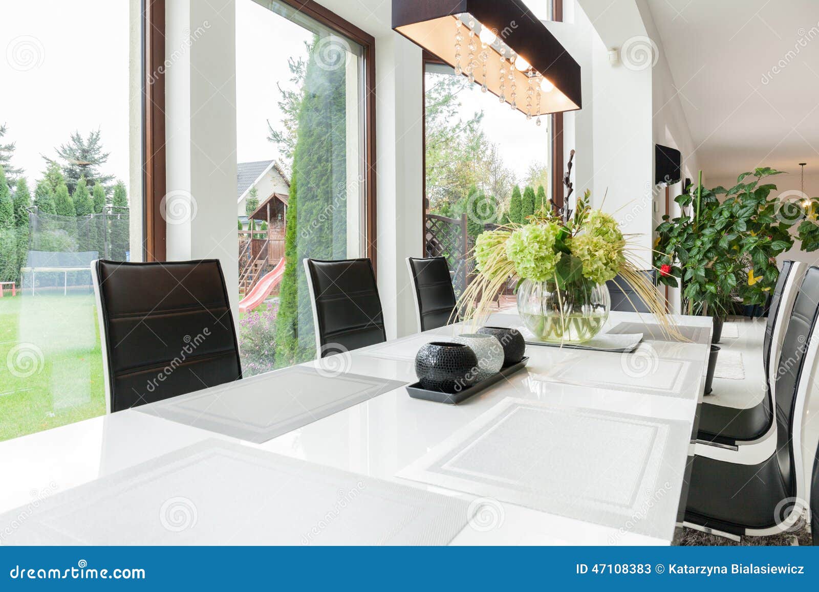 Dining Room with Long Table Stock Image - Image of modern, decoration ...