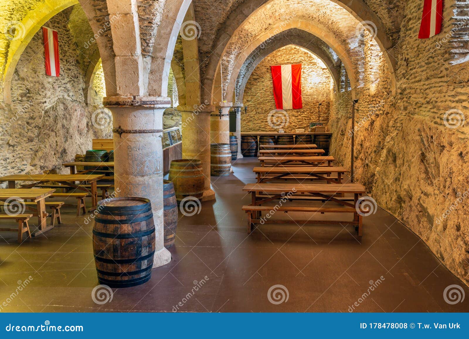 Dining Room in Medieval Arched Vault with Furniture and Columns Stock ...