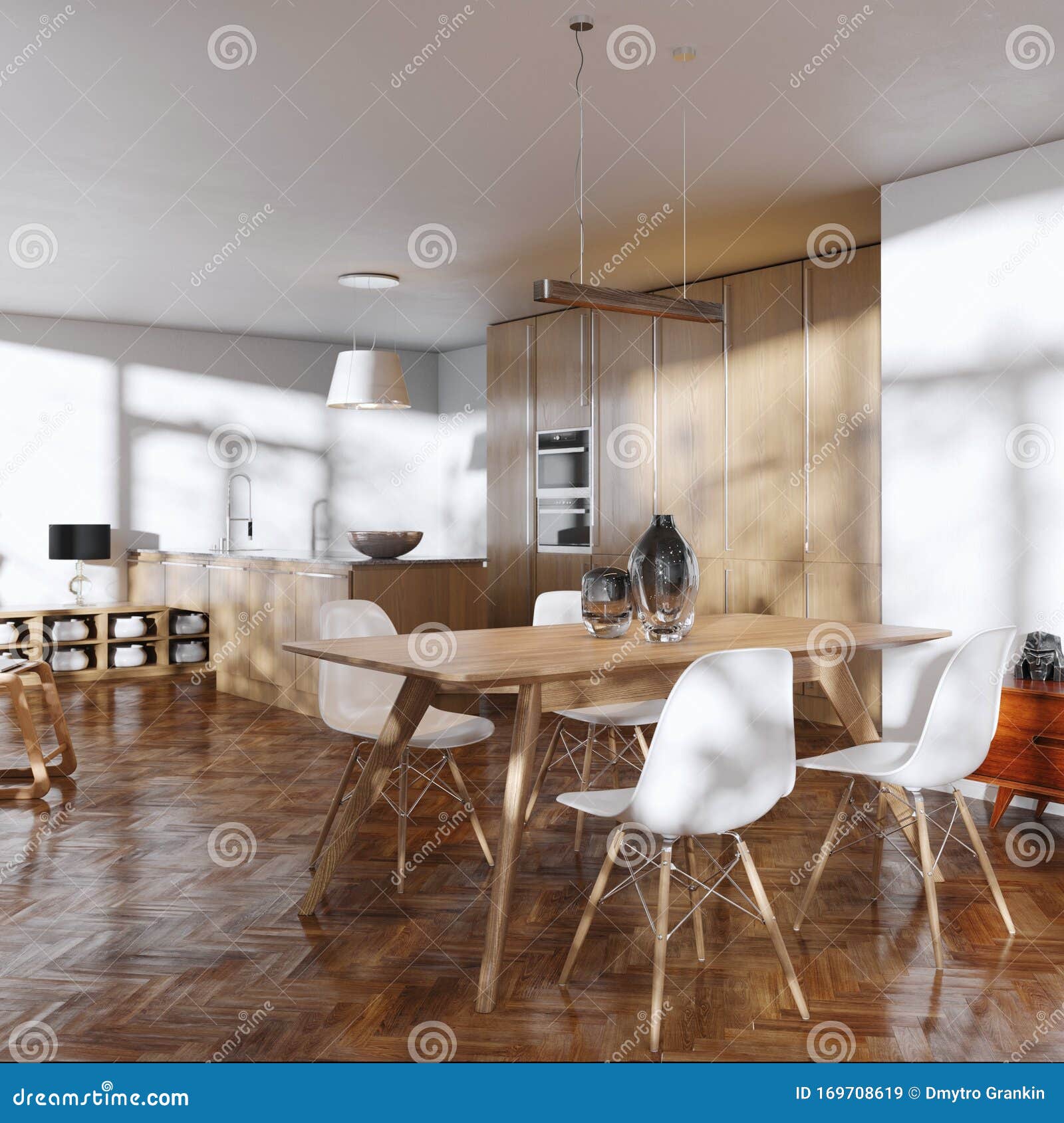 Dining Room in Minimalistic White Interior 3d Render Stock Illustration ...
