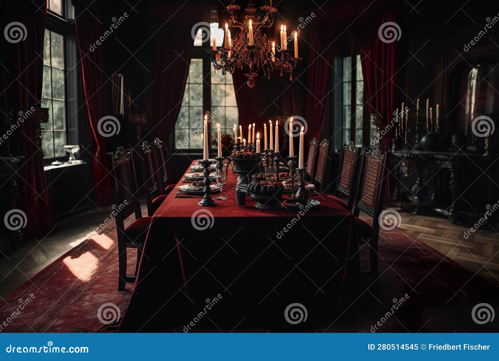 A Dining Room with a Red Table Cloth and a Chandelier. AI Generative ...