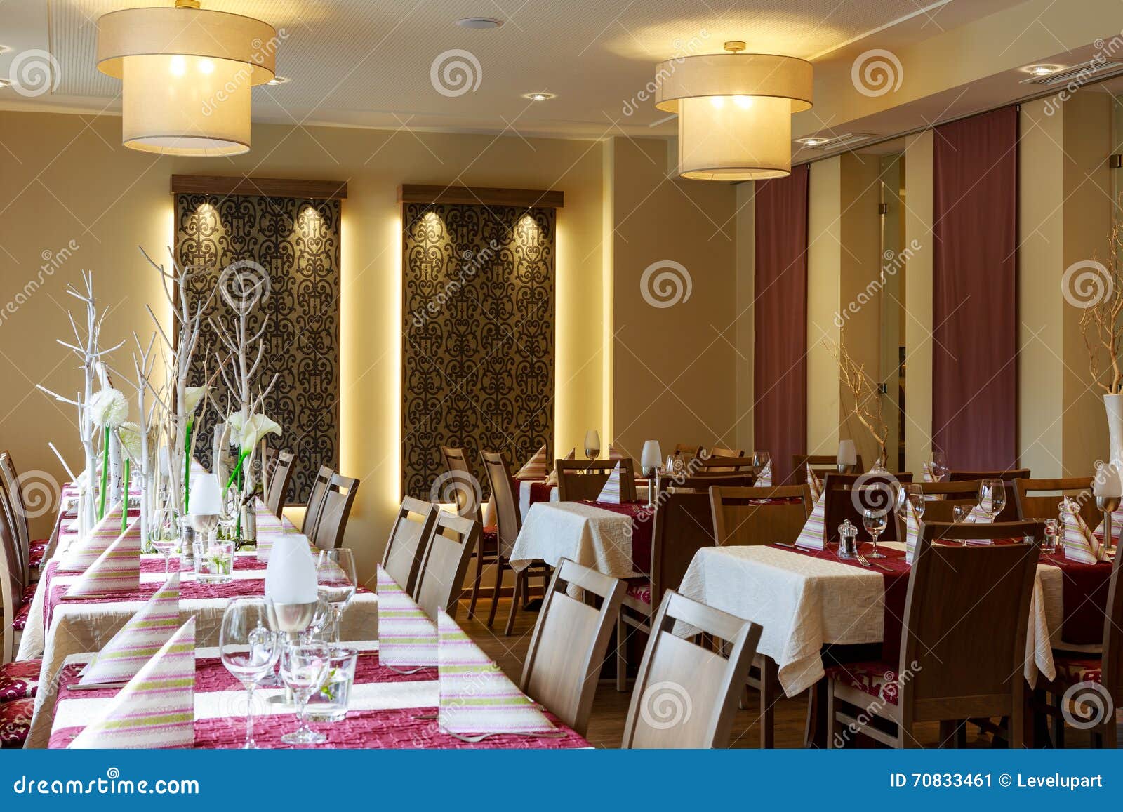Dining Room with White Covered Tables Stock Image - Image of spacious ...