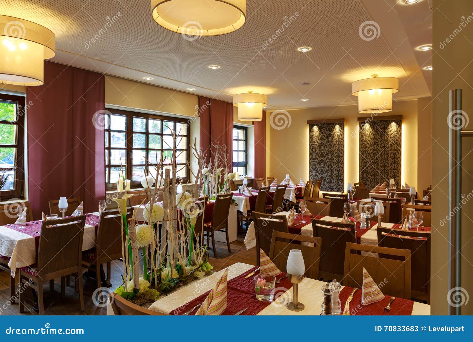 Dining Room with White Covered Tables Stock Image - Image of shop ...