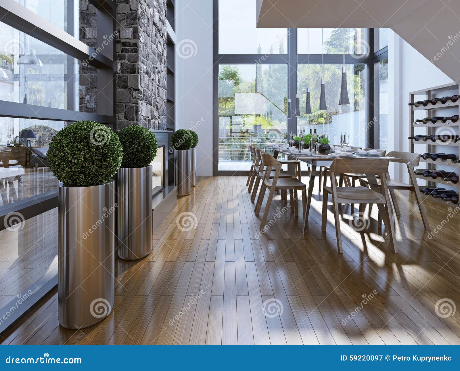Dining Room with Wine Rack High-tech Style Stock Image - Image of ...