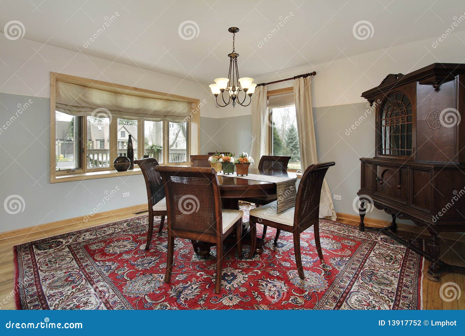 Dining Room with Wood Trim Windows Stock Photo - Image of floor ...