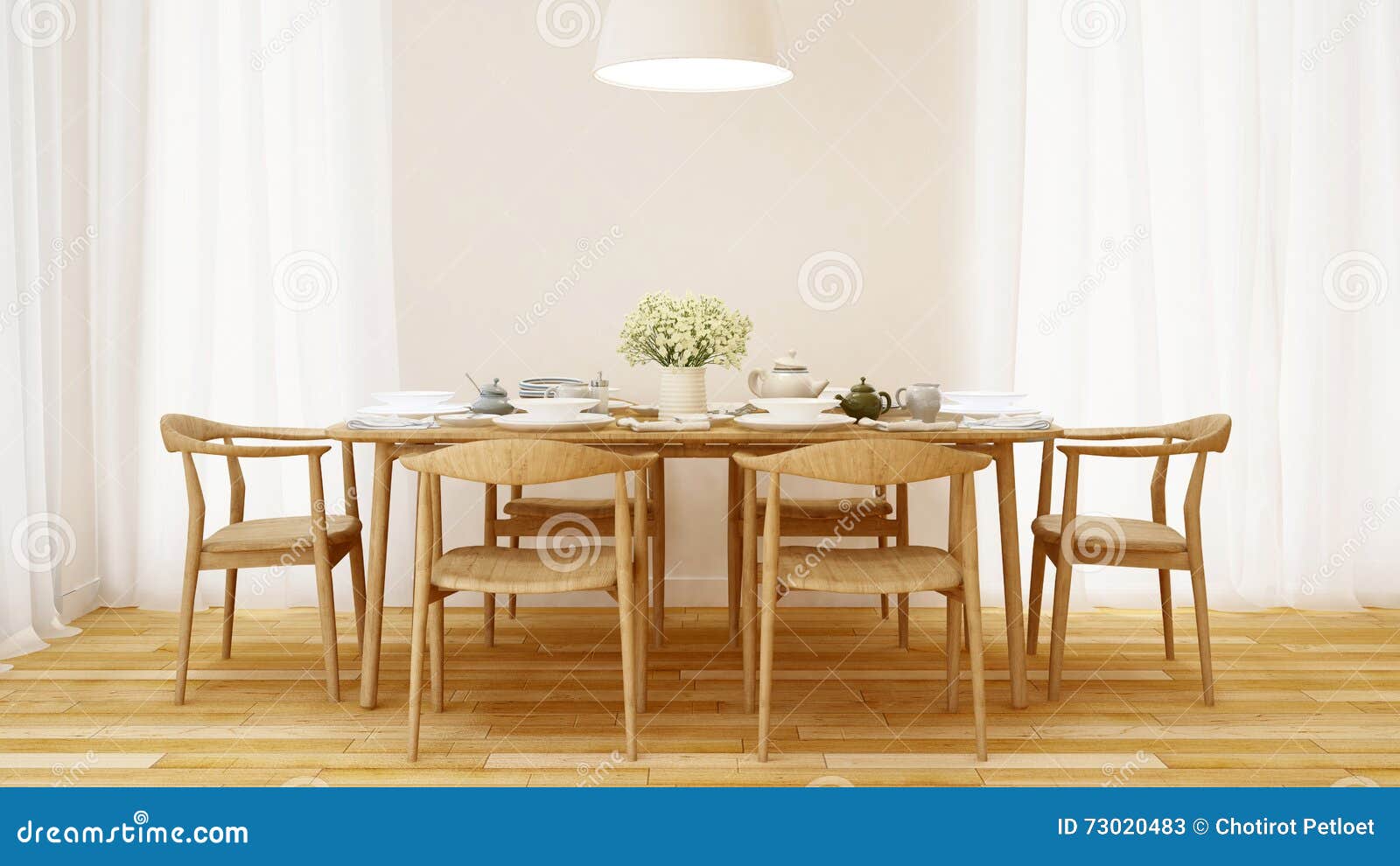 Dining Room Wooden Style and Clean Design - 3D Rendering Stock ...