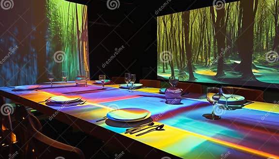 A Dining Setup Featuring Colorful Projection Mapping on the Table and ...