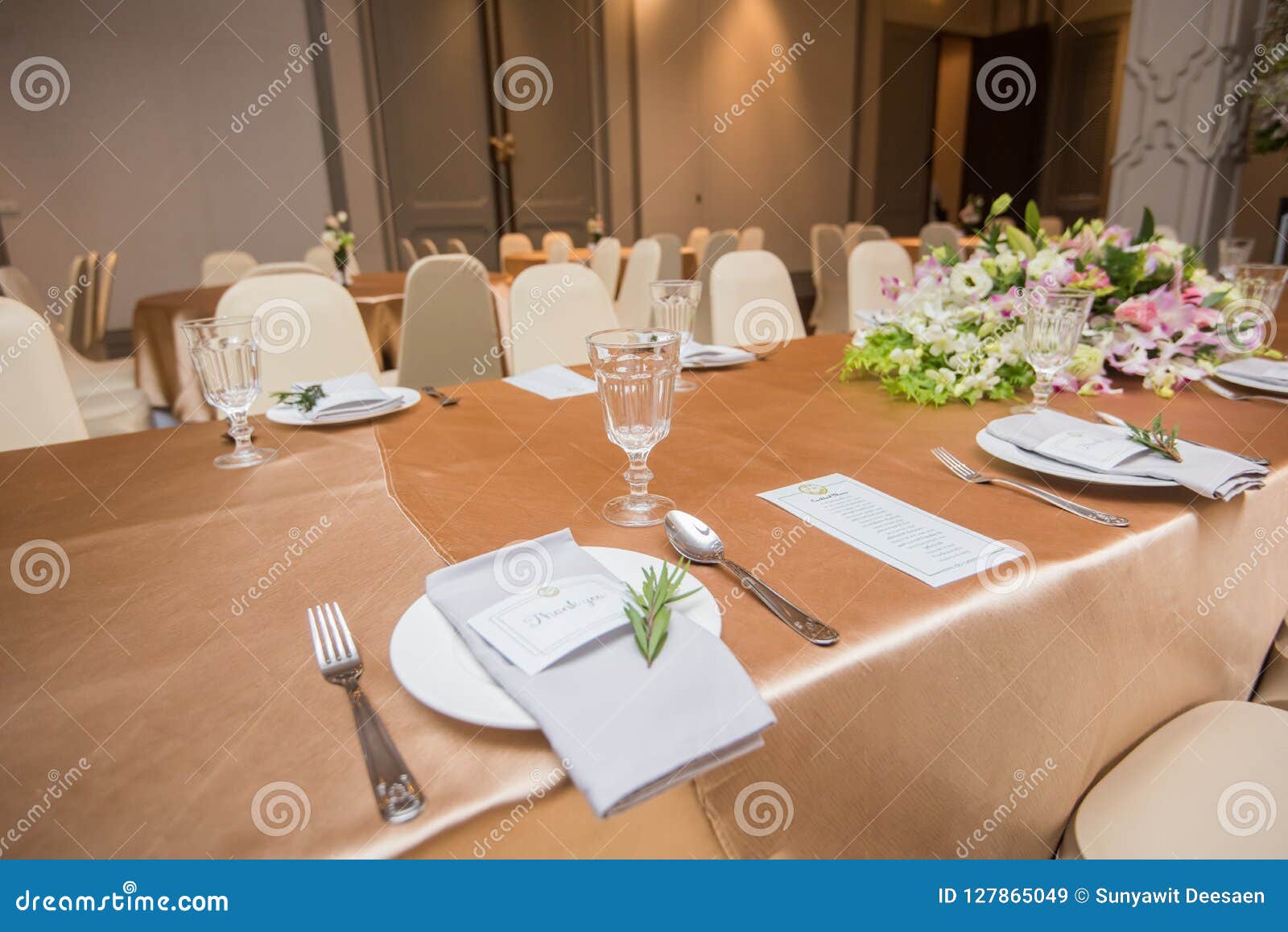 Dining table in ballroom stock image. Image of arrangement - 127865049