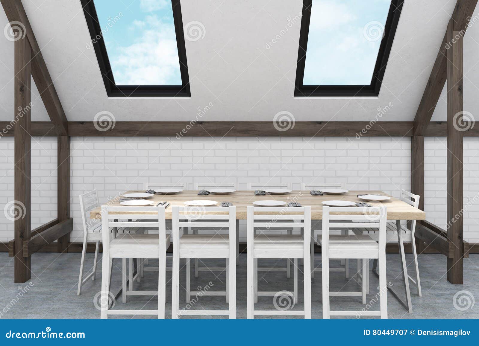 Dining table in the attic stock illustration. Illustration of dishes ...