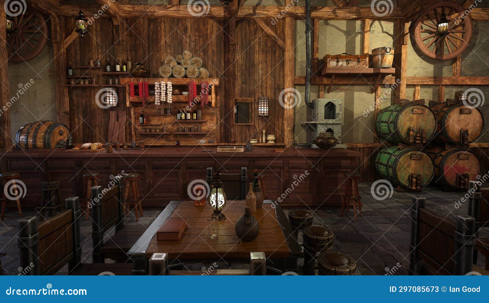 Dining Table and Bar in an Old Medieval Tavern Inn. 3D Rendered ...