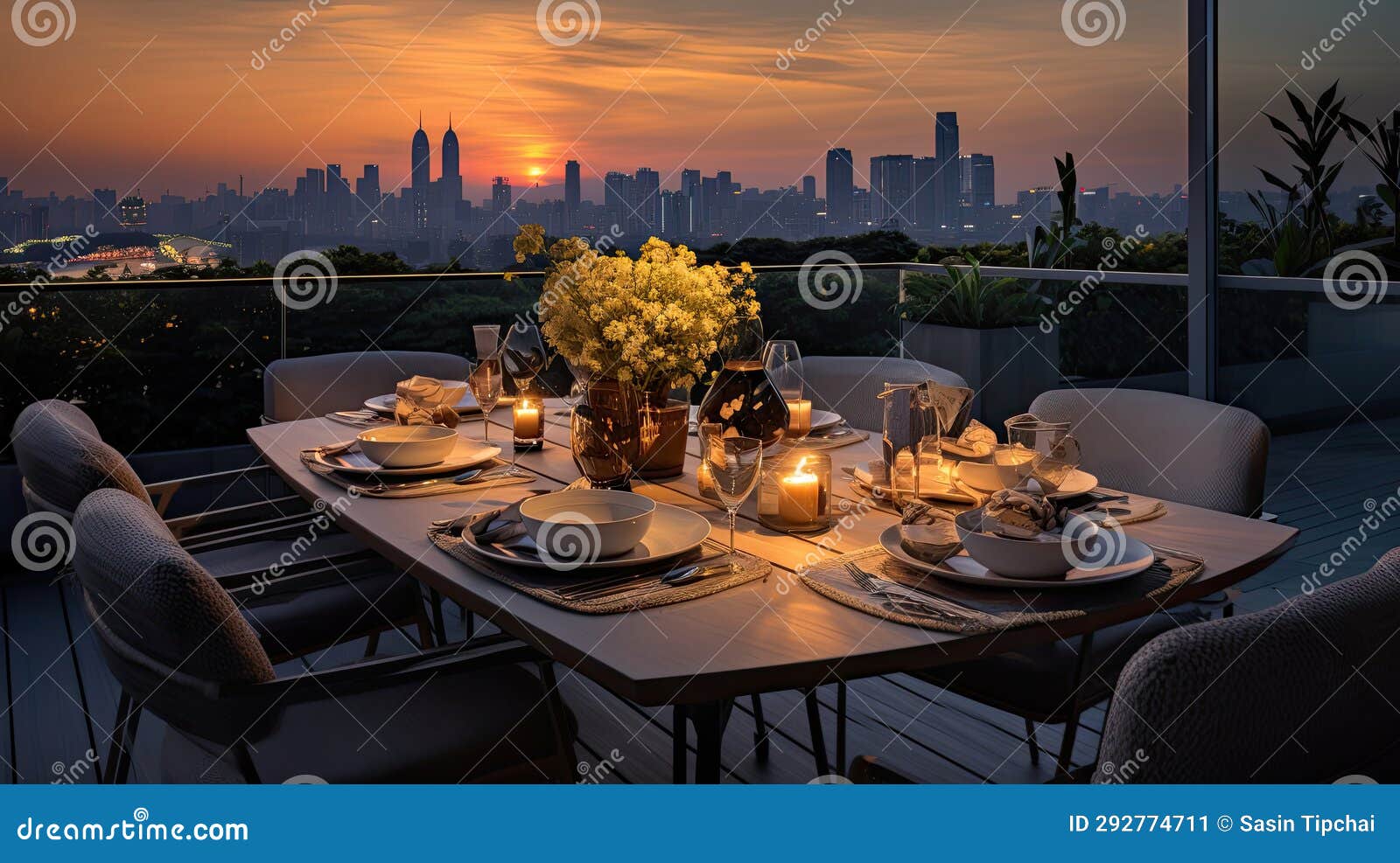 Dining Table with Beautiful City View on Rooftop at Twilight Scene ...