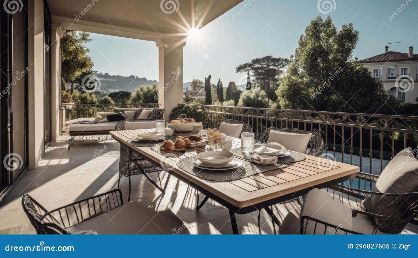 Dining Table and Chairs on a Balcony Overlooking a Pool Stock ...