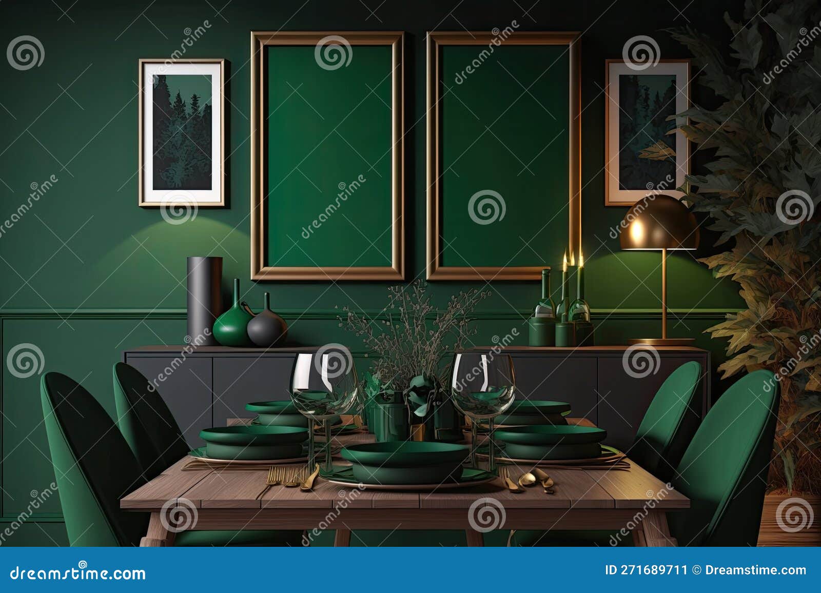 Dining Table and Decorations in a Room that is Dark Green. Mockup for ...