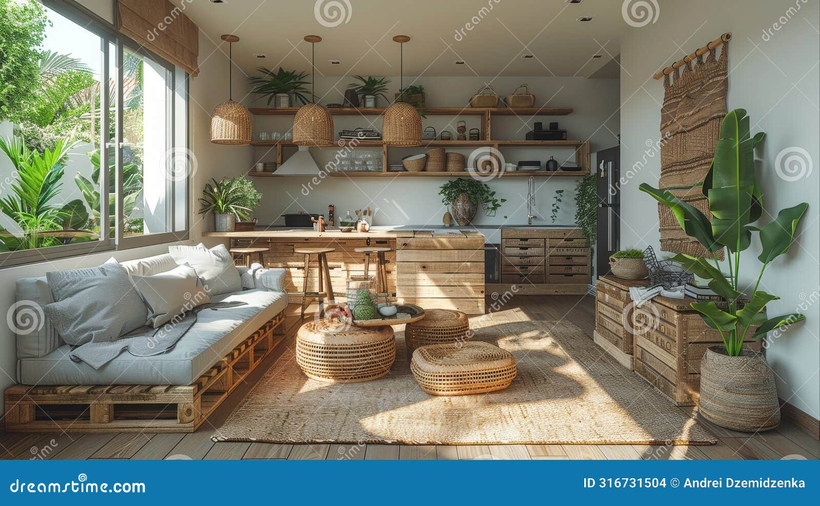 Dining Table and Diy Crate Shelves in an Interior Stock Photo - Image ...