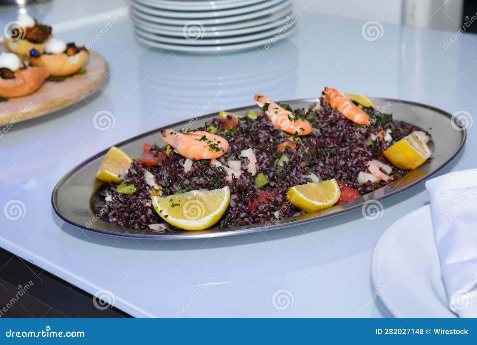 Dining Table of Freshly Prepared Seafood with Rice Stock Photo - Image ...
