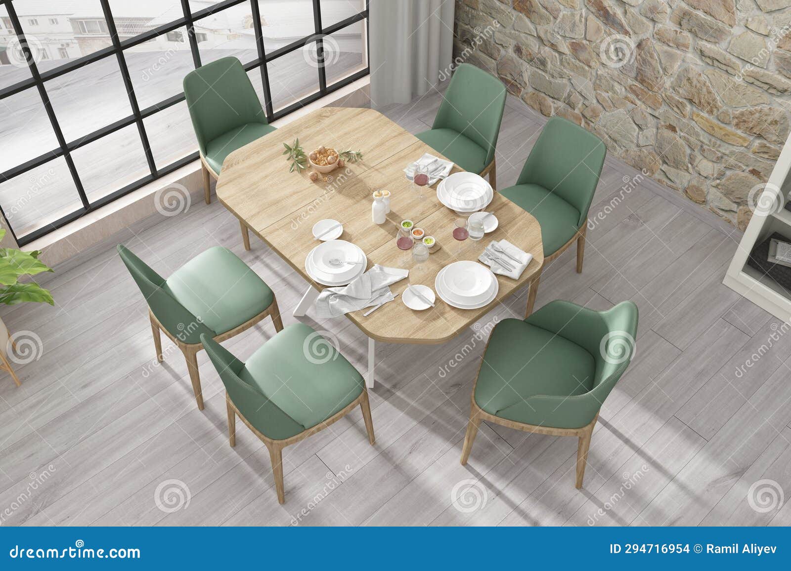 Dining Table in the Interior Top View Stock Illustration - Illustration ...