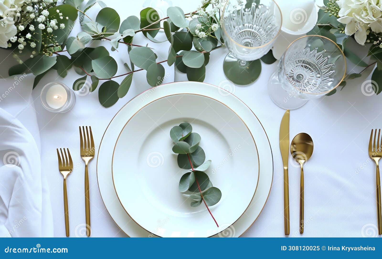 A Dining Table with Place Setting and Eucalyptus Tree Leaf Stock Image ...