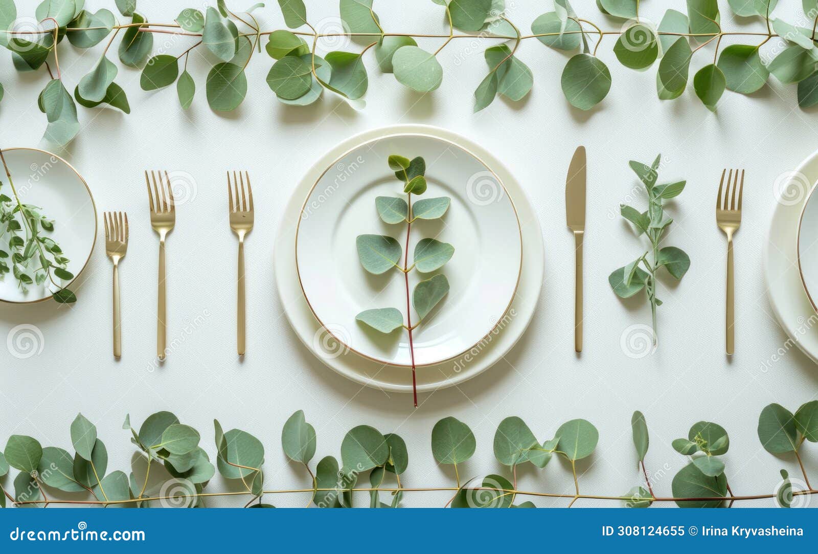 A Dining Table with Place Setting and Eucalyptus Tree Leaf Stock Image ...