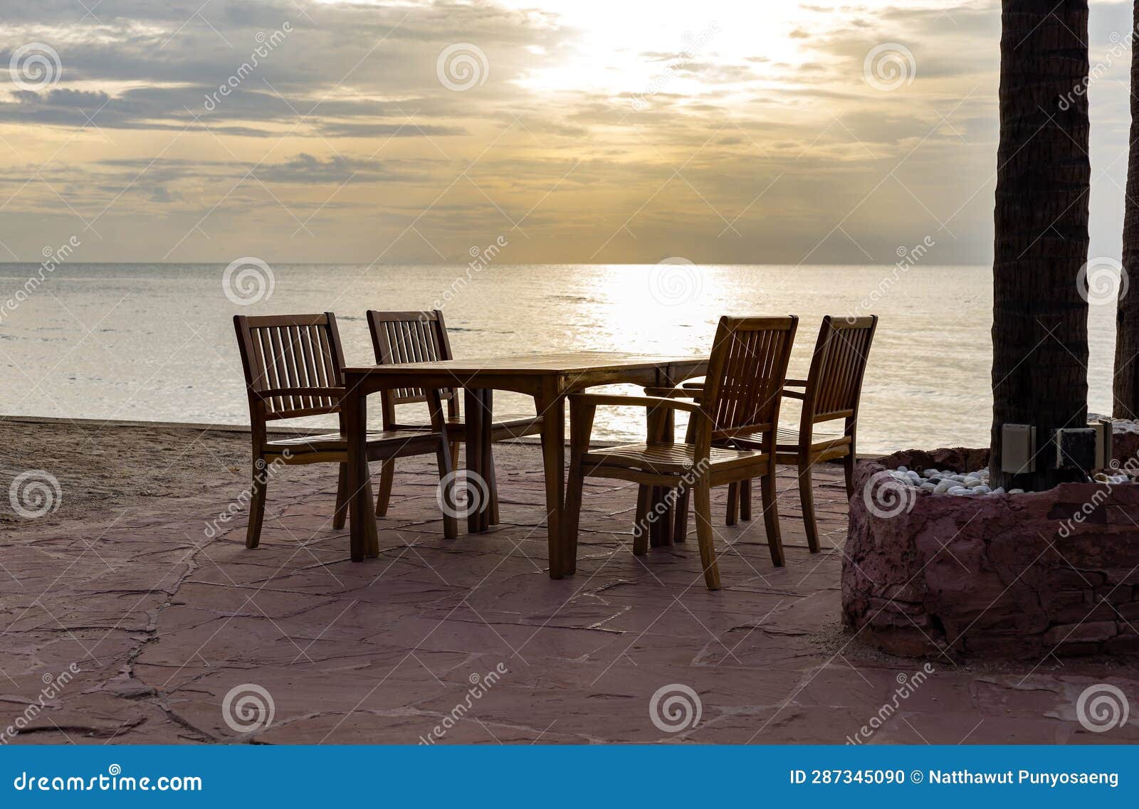 Dining Table Sea View on Sand Beach with Sunset Stock Photo - Image of ...