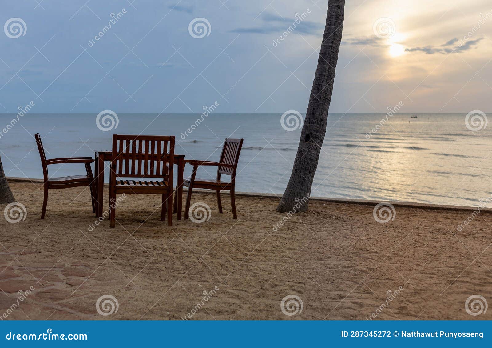 Dining Table Sea View on Sand Beach with Sunset Stock Photo - Image of ...