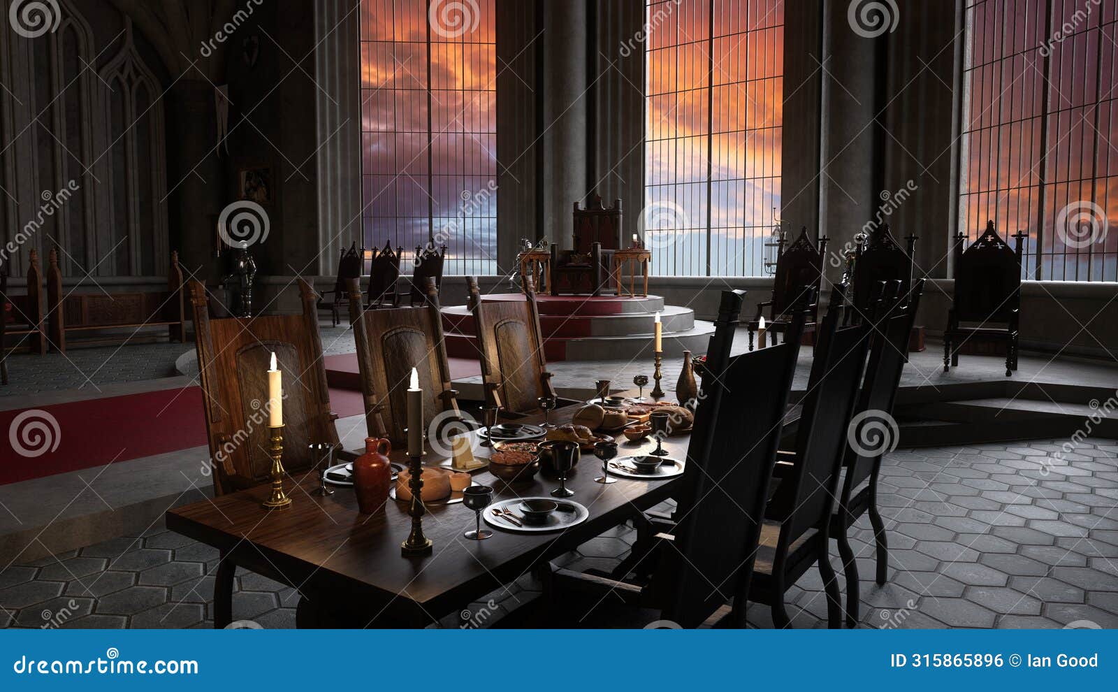 Dining Table Set for a Banquet in an Old Medieval Royal Throne Room. 3D ...