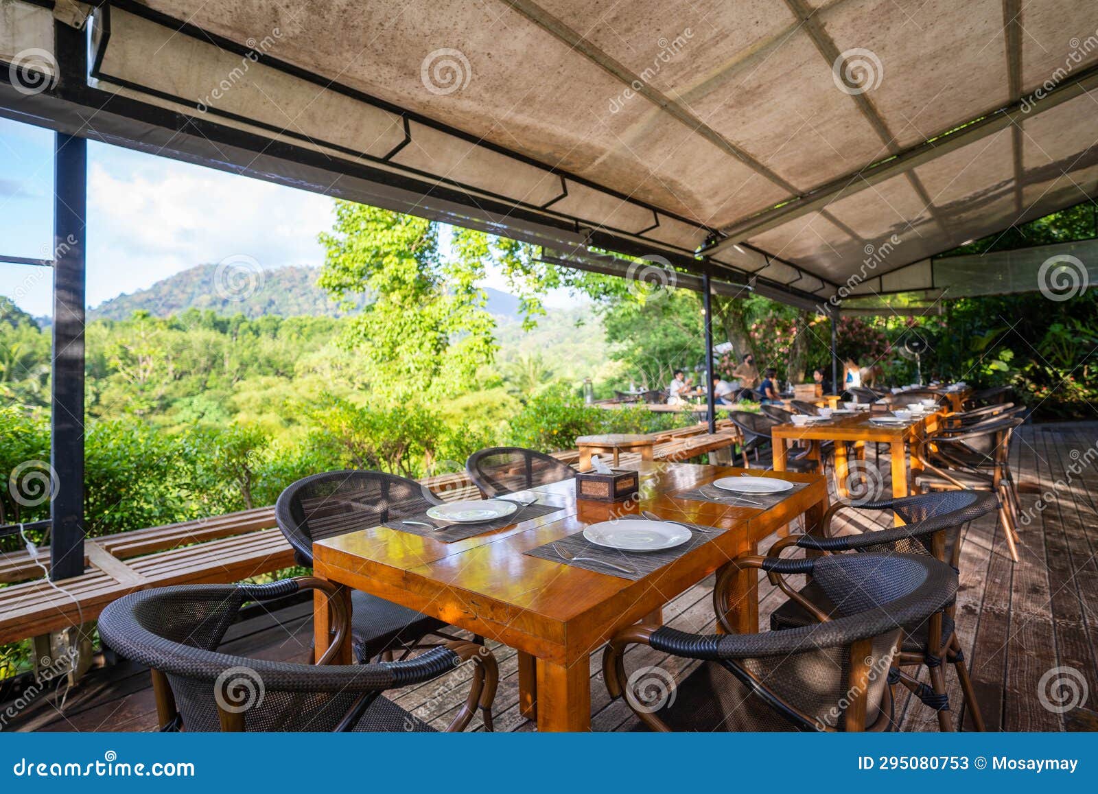 Dining Table Set in Restaurant with Mountain View Stock Image - Image ...