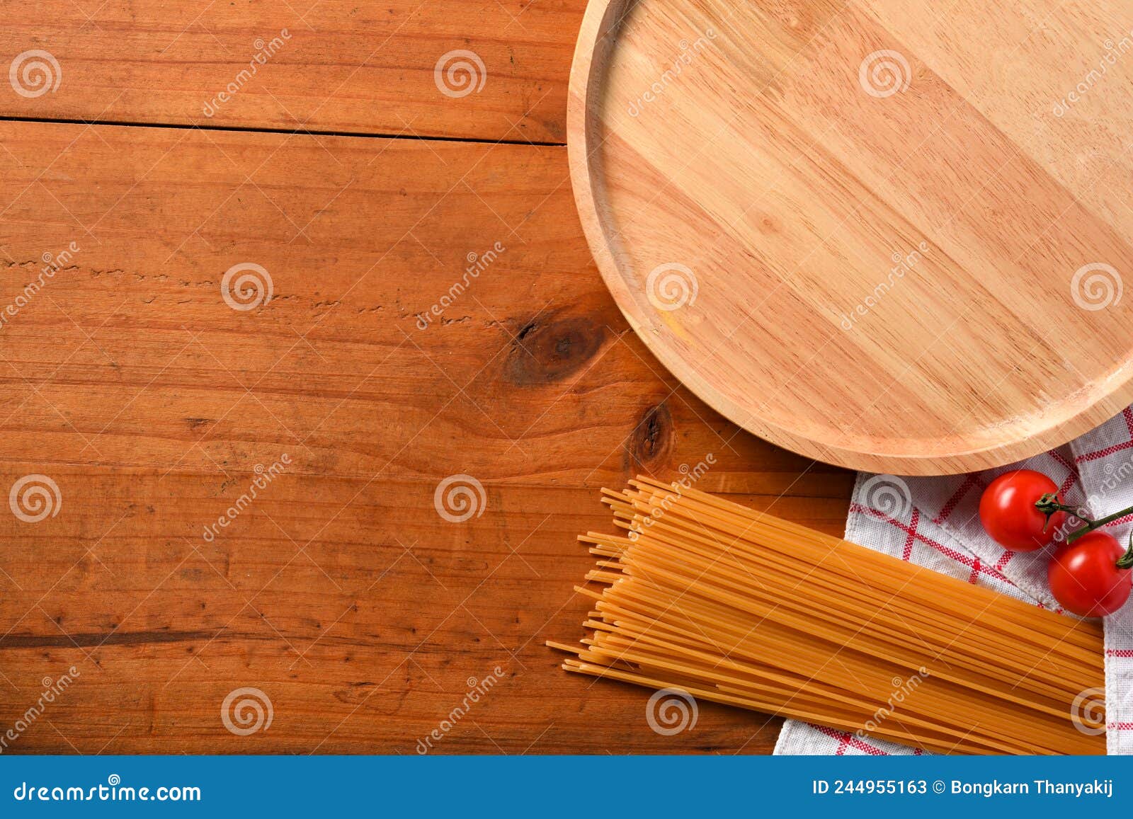 Dining Table Setting Mockup with Spaghetti Ingredients. Empty Wooden ...