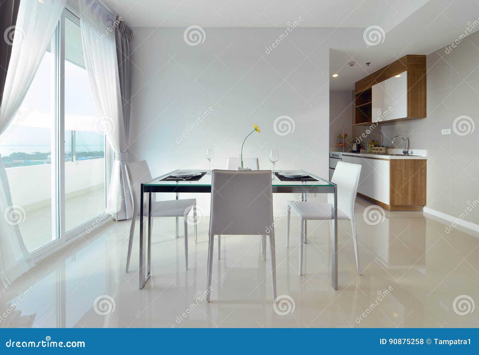 Dining Table with Table Set in White Luxury Modern Living Interior and ...
