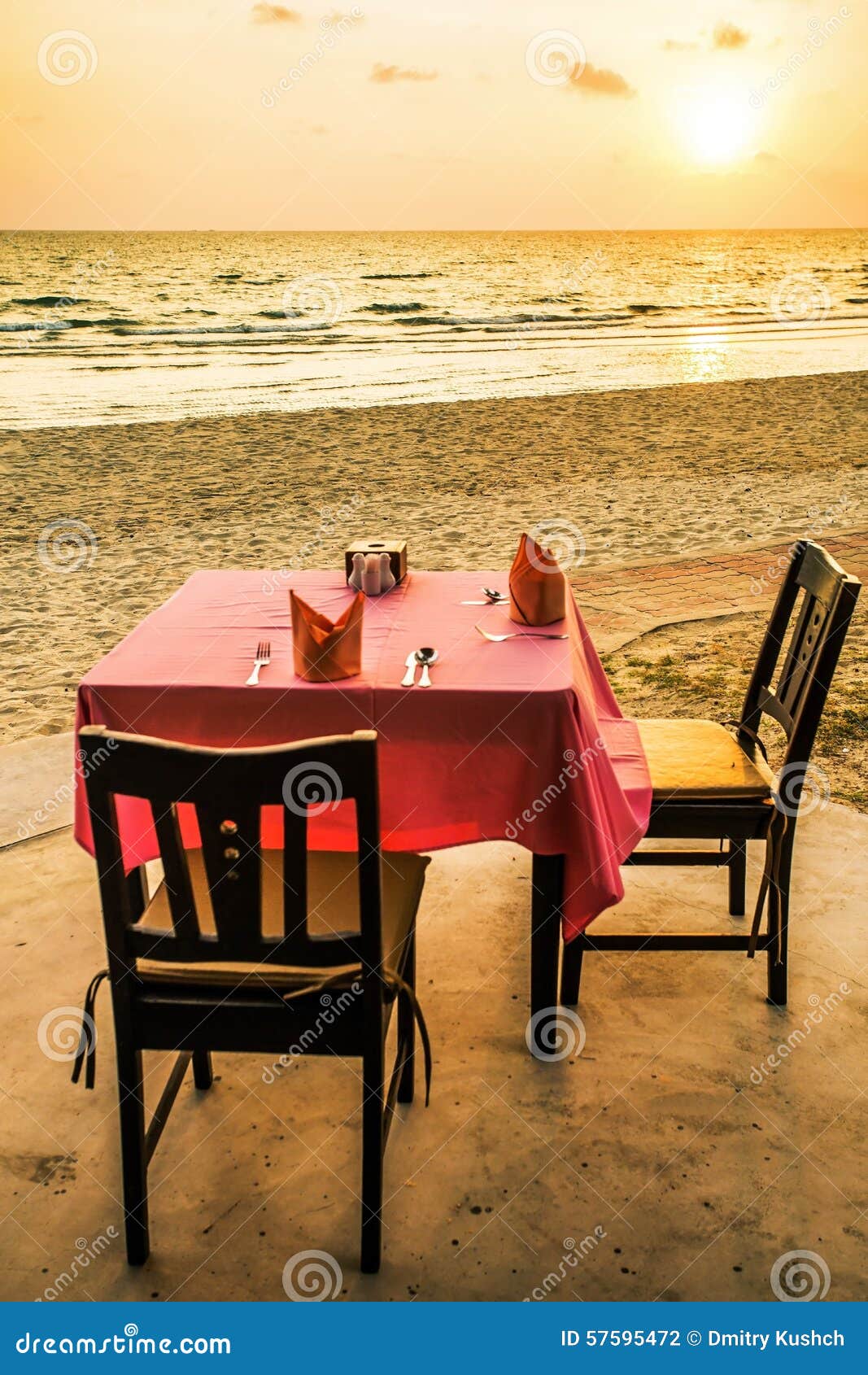 Dining Tableon White Sand Beach with Sunset View Stock Photo - Image of ...