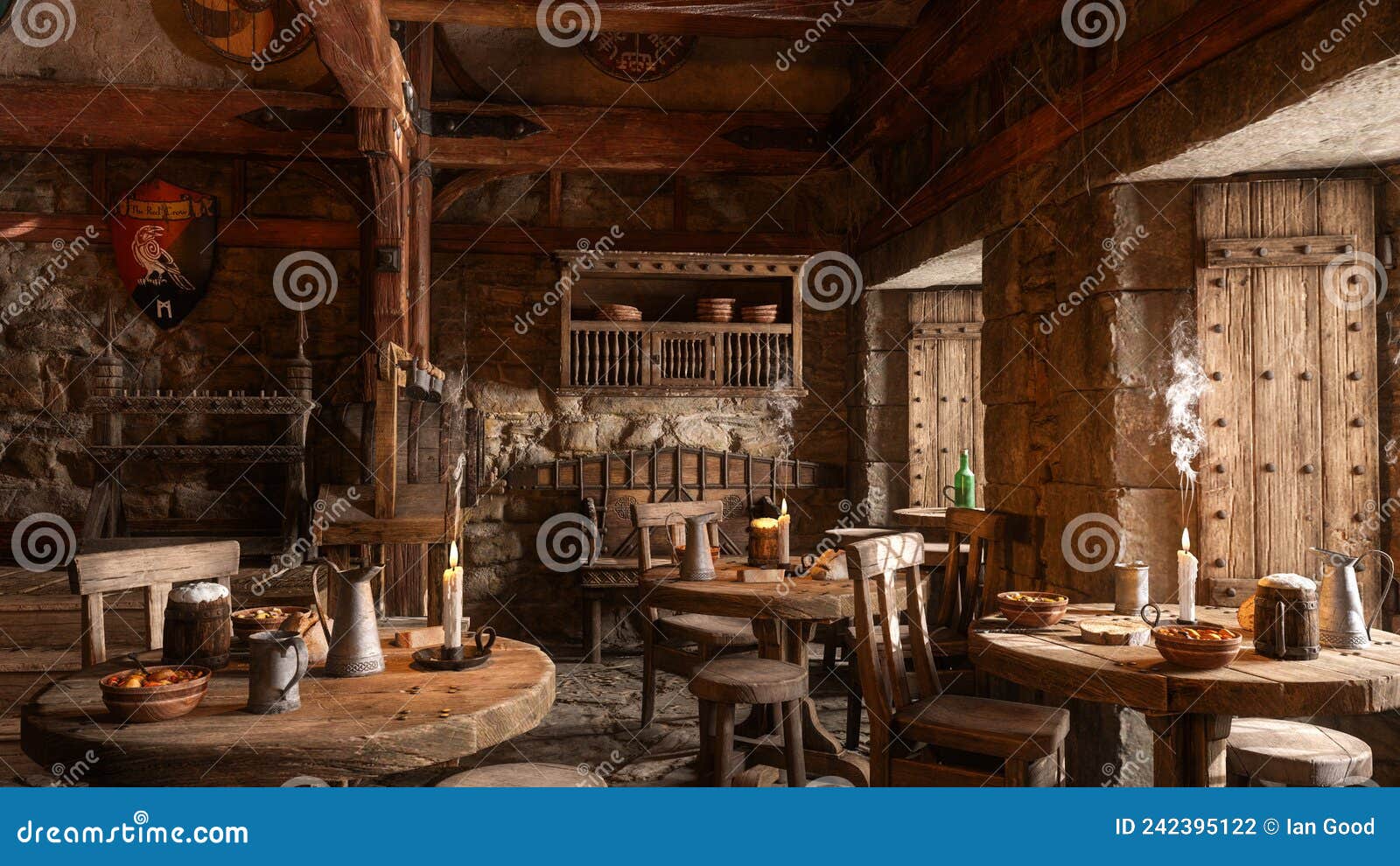Dining Tables In An Old Medieval Fantasy Tavern Lit By Daylight From ...