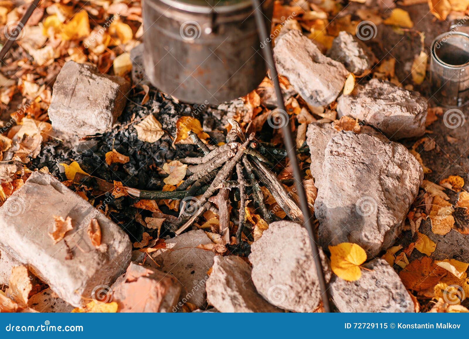 Dinner Cooks in a Large Pot Over an Open Fire. Autumn Forest Stock ...