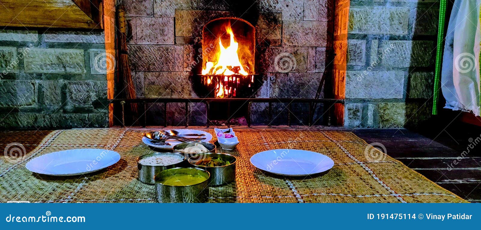 Dinner at fireplace stock photo. Image of food, dish - 191475114