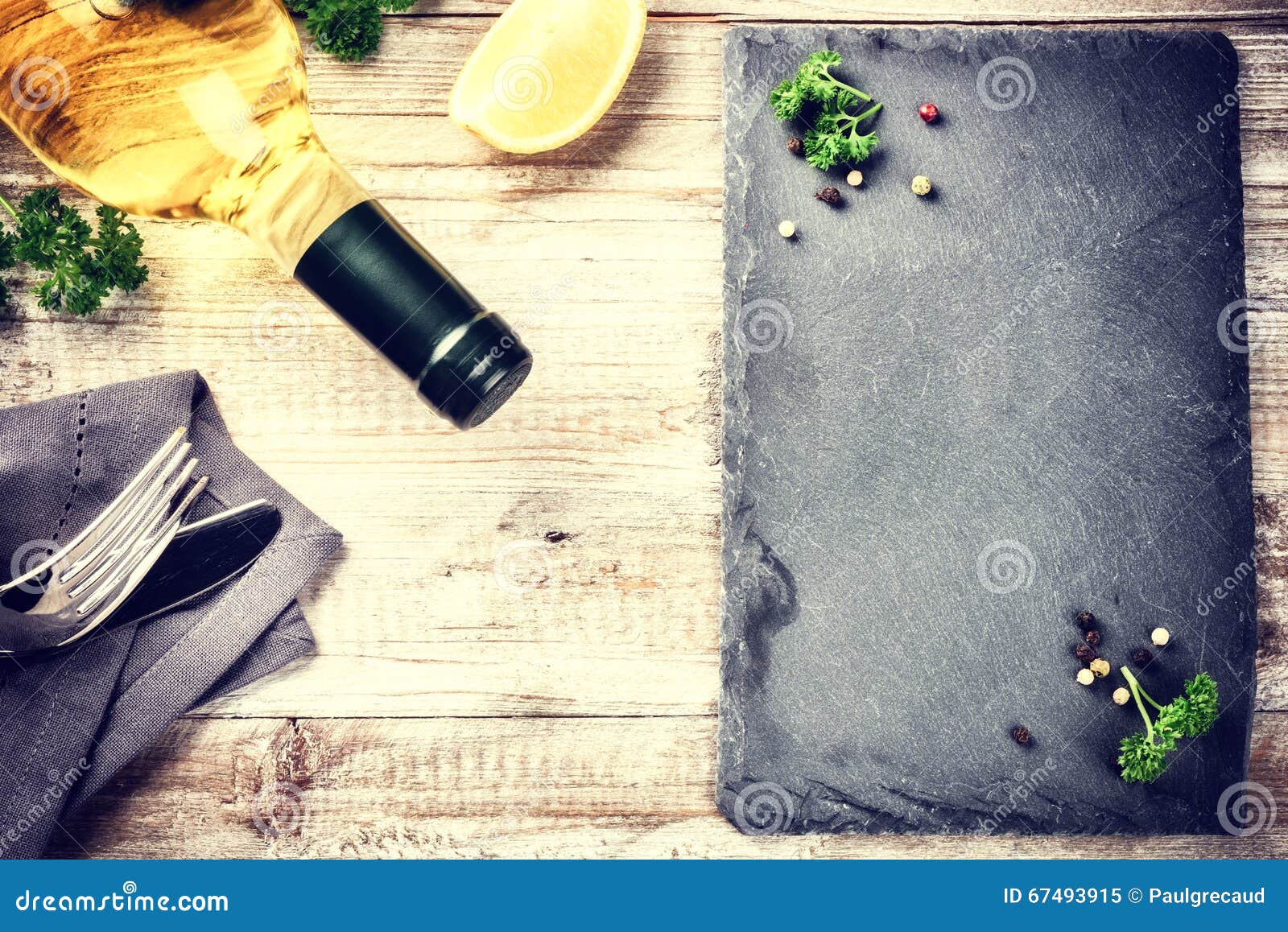 Dinner Frame with Bottle of White Wine and Cutlery on Wooden Tab Stock ...