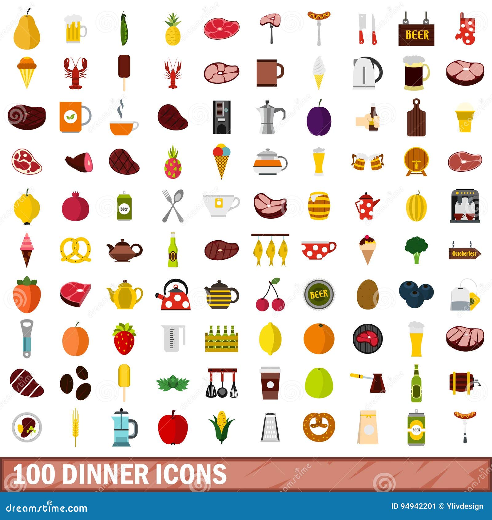 100 Dinner Icons Set, Flat Style Stock Vector - Illustration of hand ...