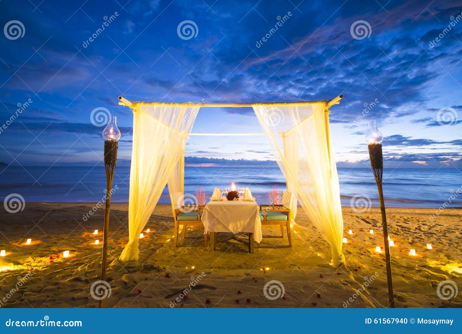Dinner Set Up on the Beach Sunset Time Stock Photo - Image of food ...
