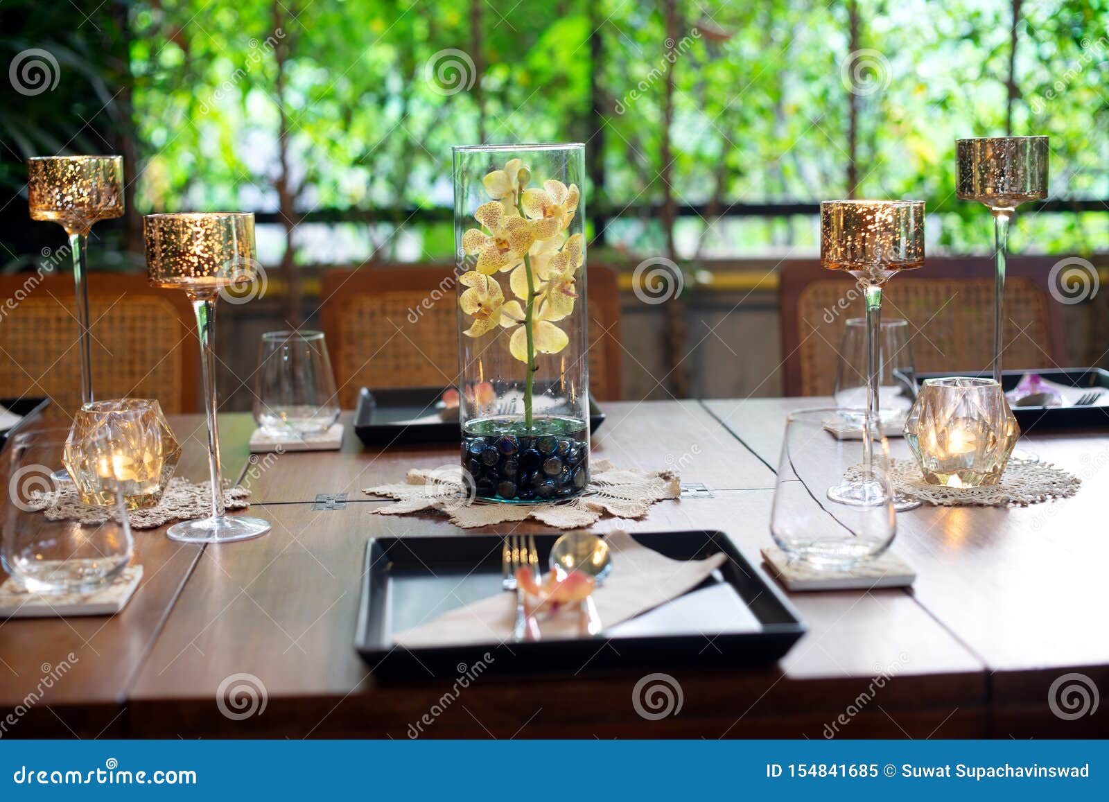 Dinner Set on the Wood Table with Long Wine Glass Stock Image - Image ...