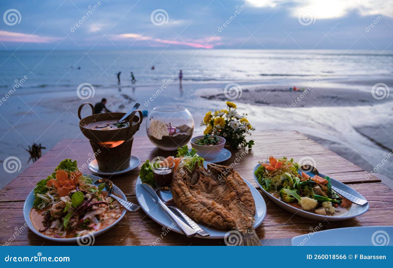 Dinner during Sunset with Fish and Thai Food Stock Photo - Image of ...