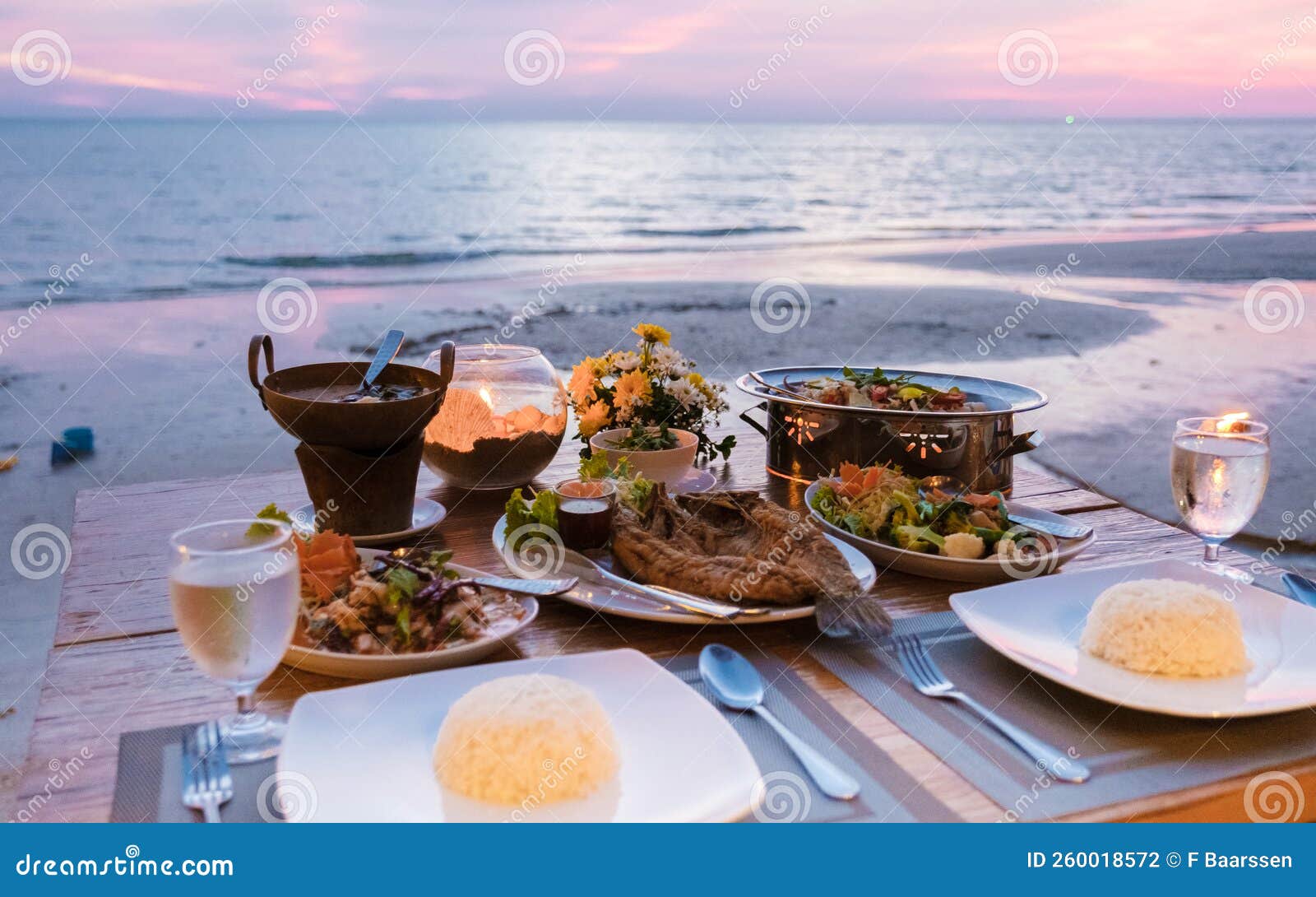 Dinner during Sunset with Fish and Thai Food Stock Photo - Image of ...