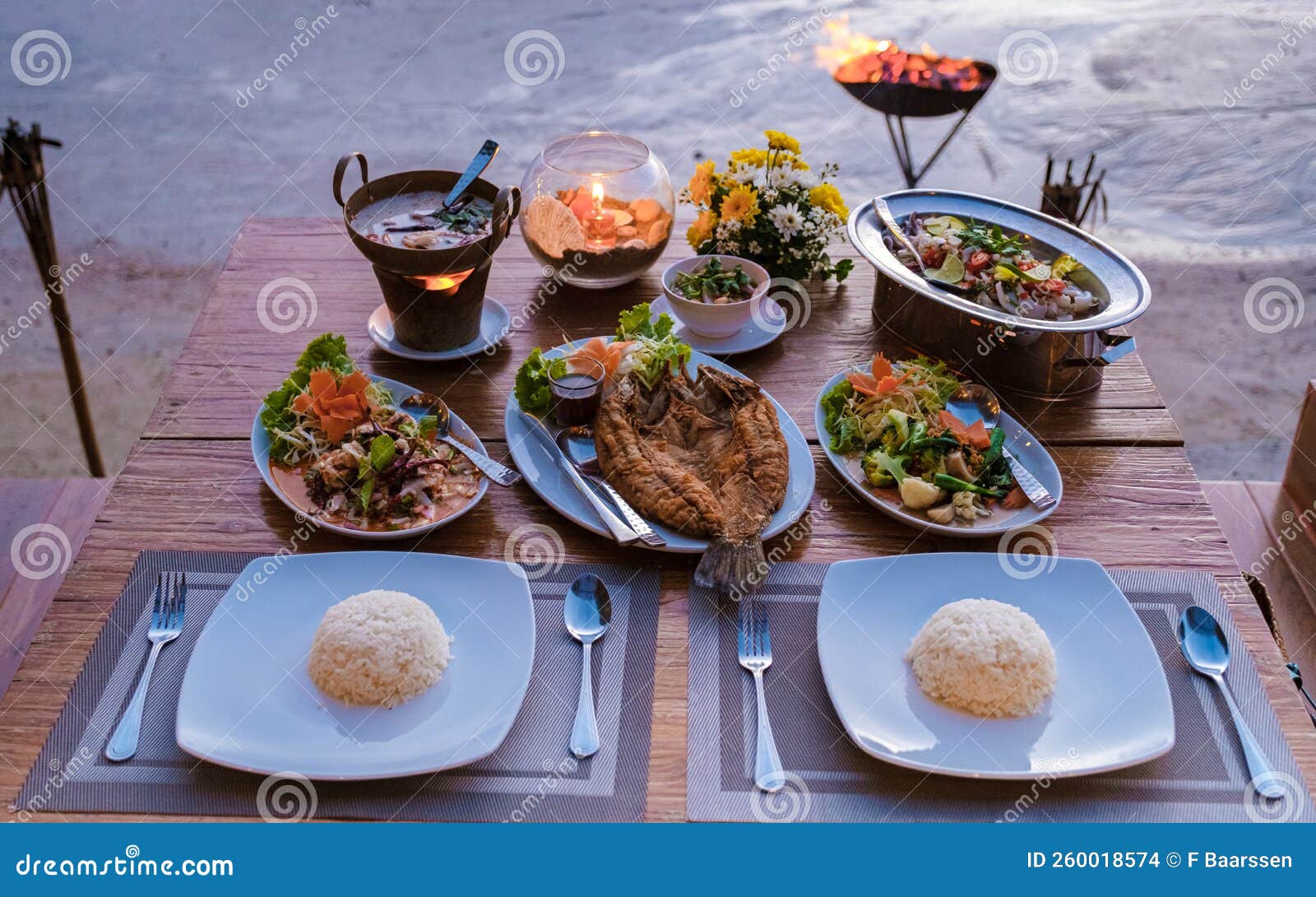 Dinner during Sunset with Fish and Thai Food Stock Photo - Image of ...