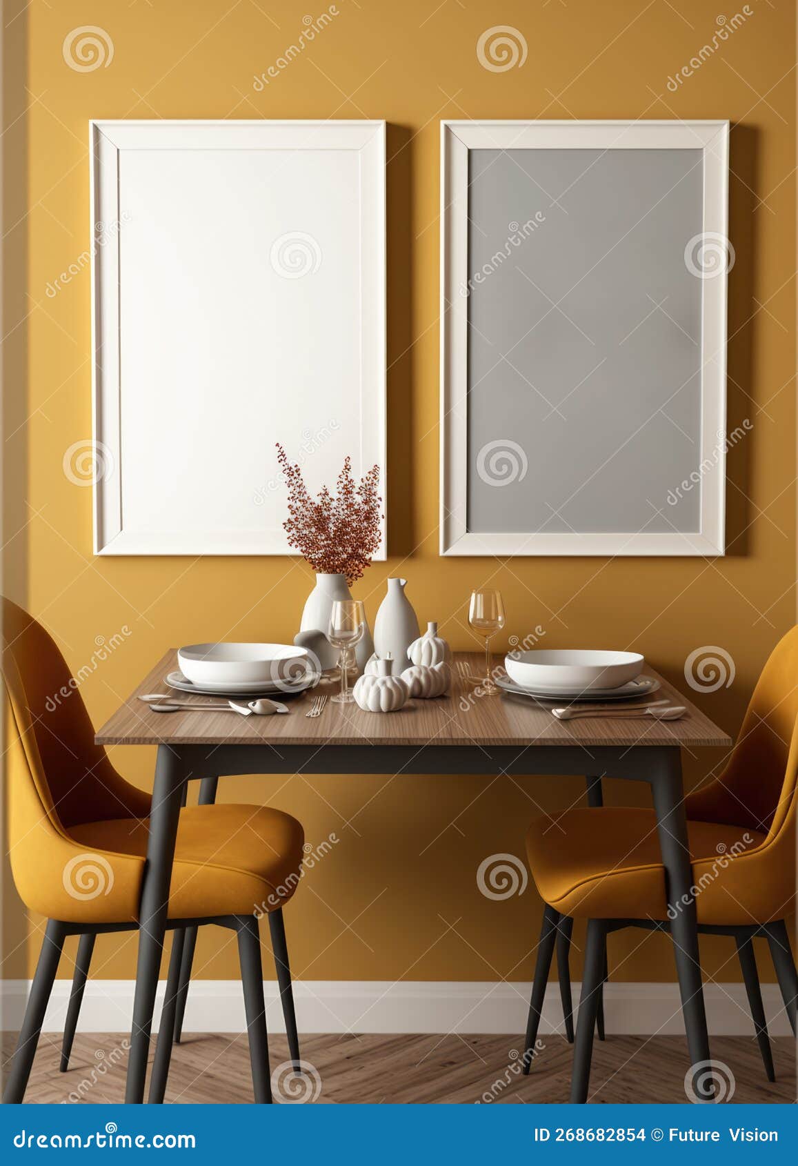 Dinner Table with Blank Photoframes on Wall with Copy Space, Created ...