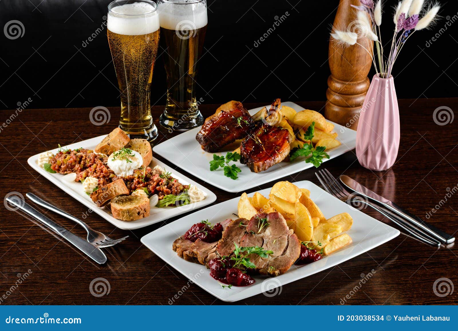 Dinner Table with Different Dishes, Three-course Set on the Table ...