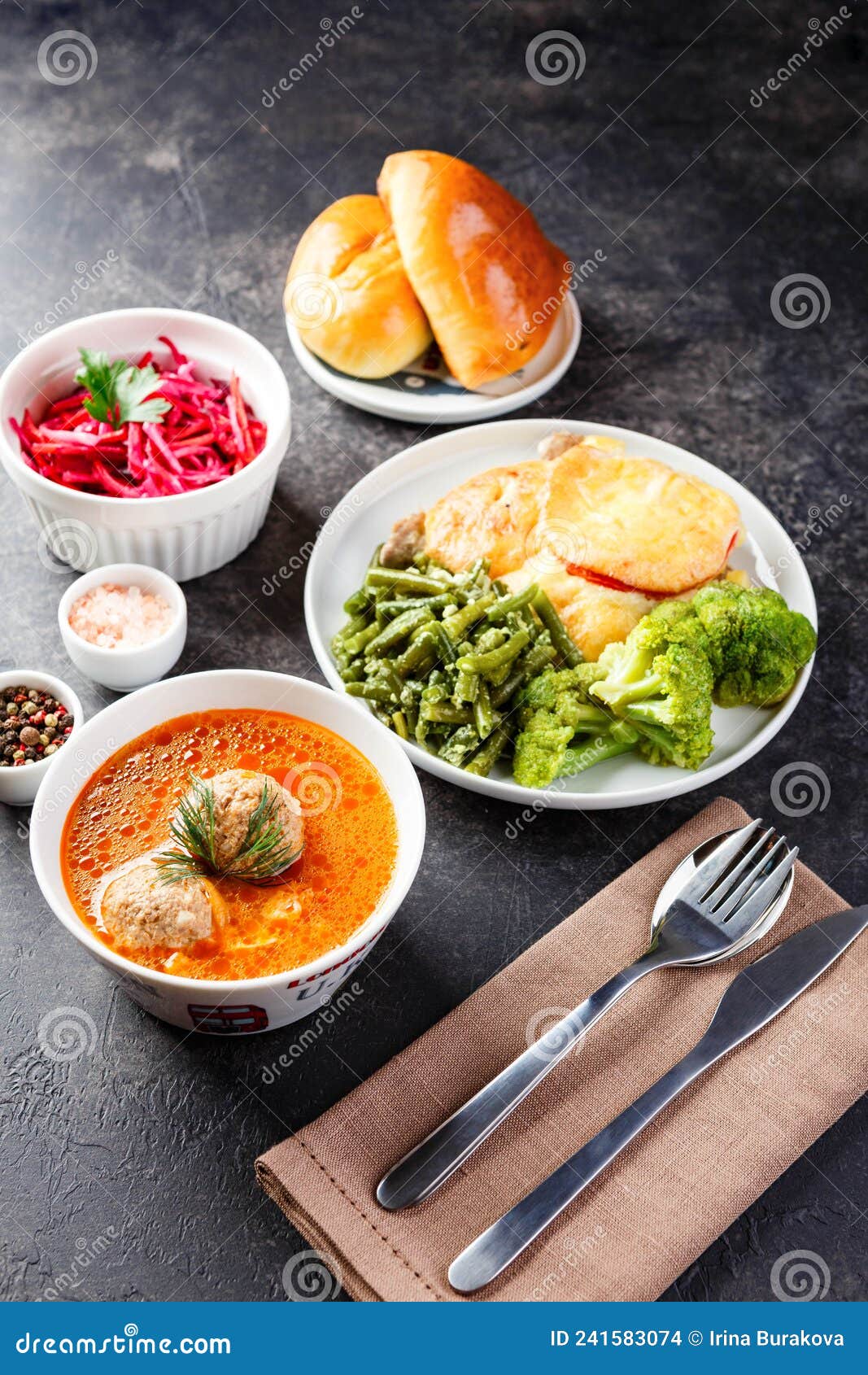 Dinner Table with Different Dishes, Three-course Set of Three Courses ...