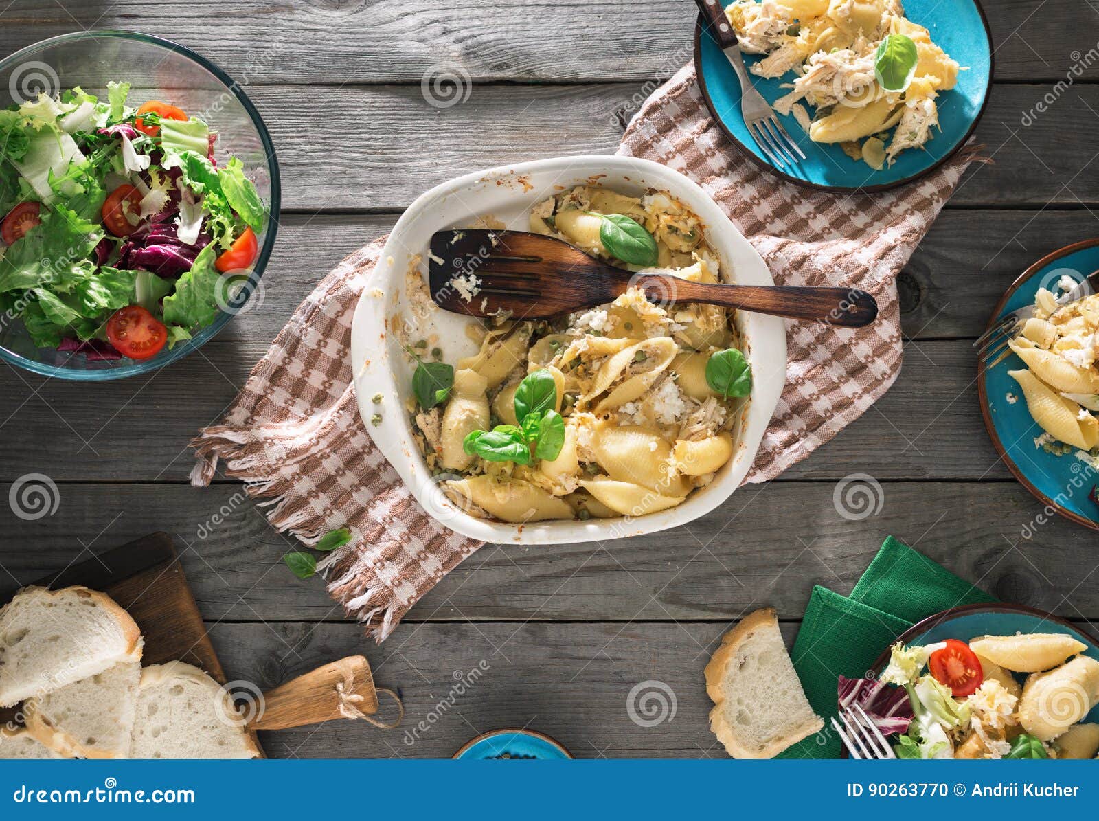 Dinner Table with Italian Pasta and Salad Stock Photo - Image of ...