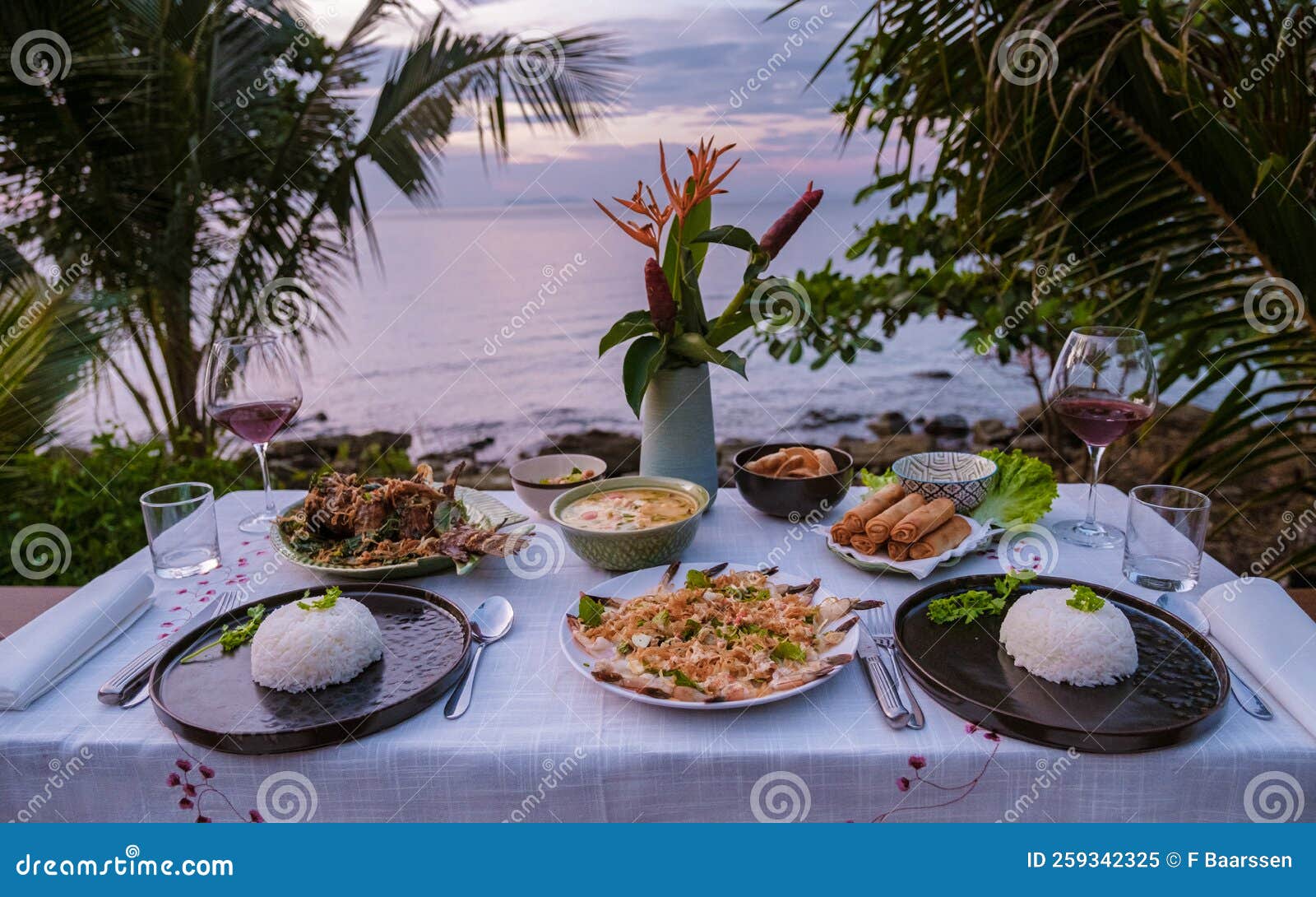 Dinner Table Looking Out Over Ocean with Thai Food, Dinner during ...