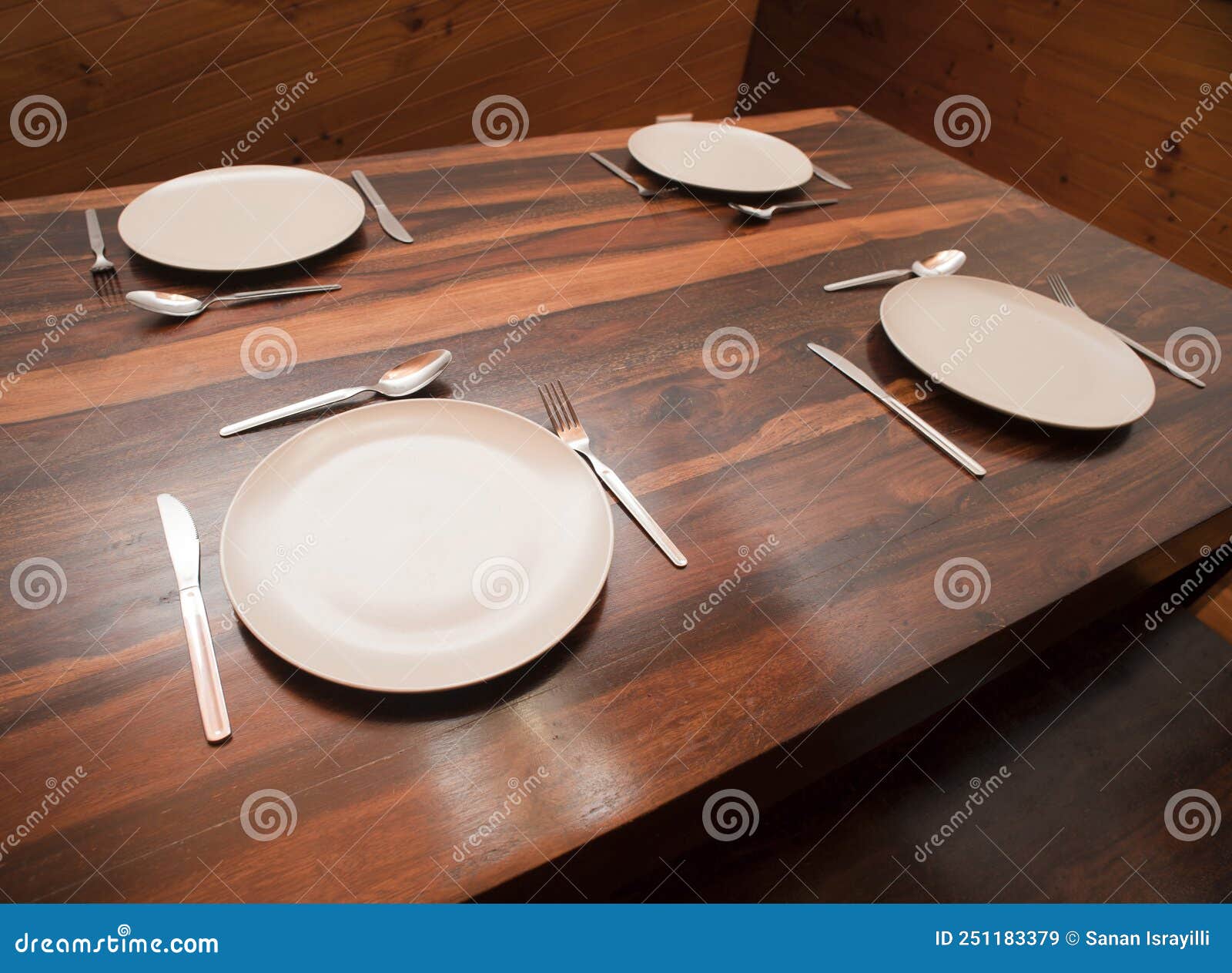 Dinner Table Set with Four Place Settings Stock Image - Image of room ...