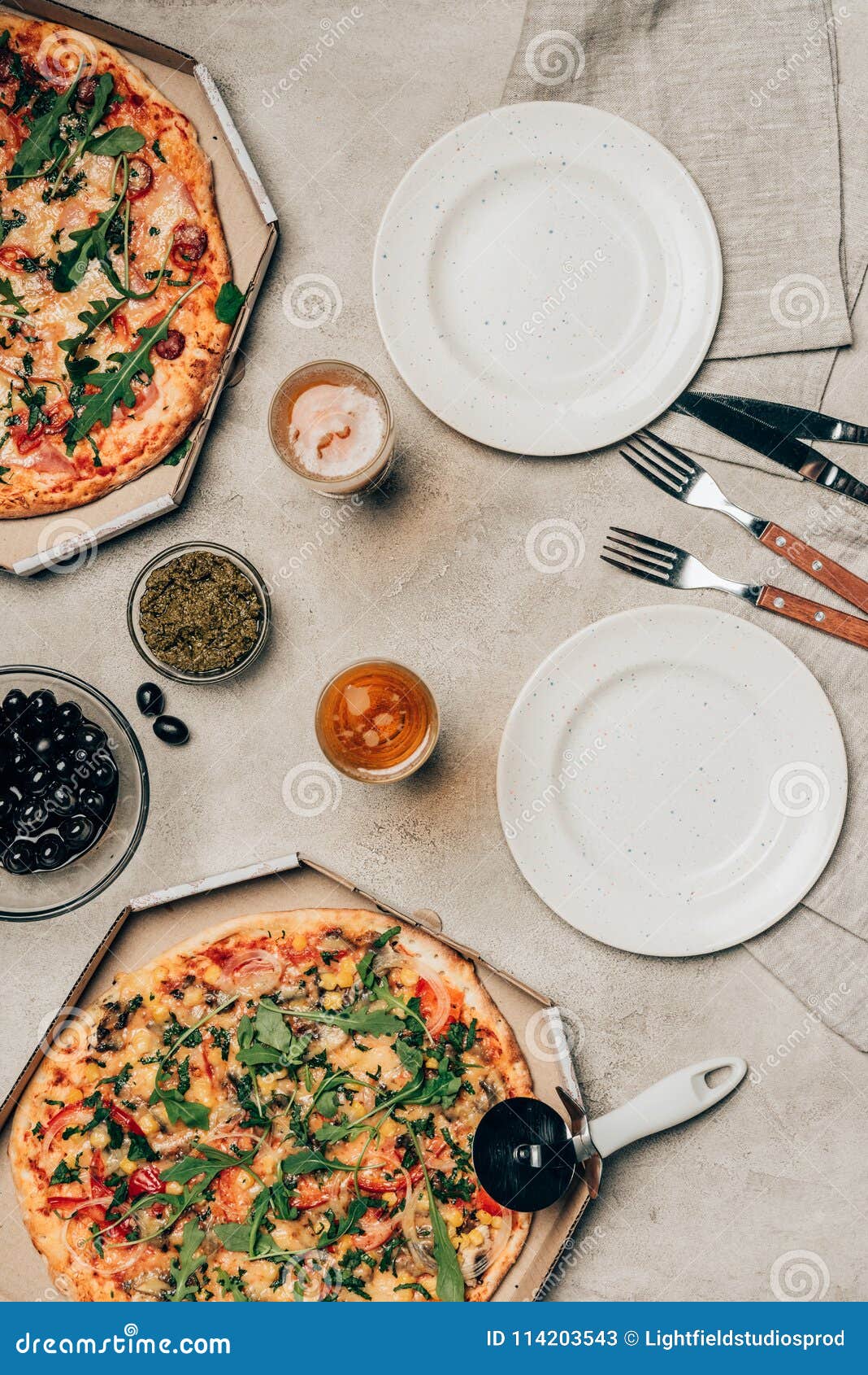 Dinner Template with Pizzas in Cardboard Boxes and Drink Stock Image ...