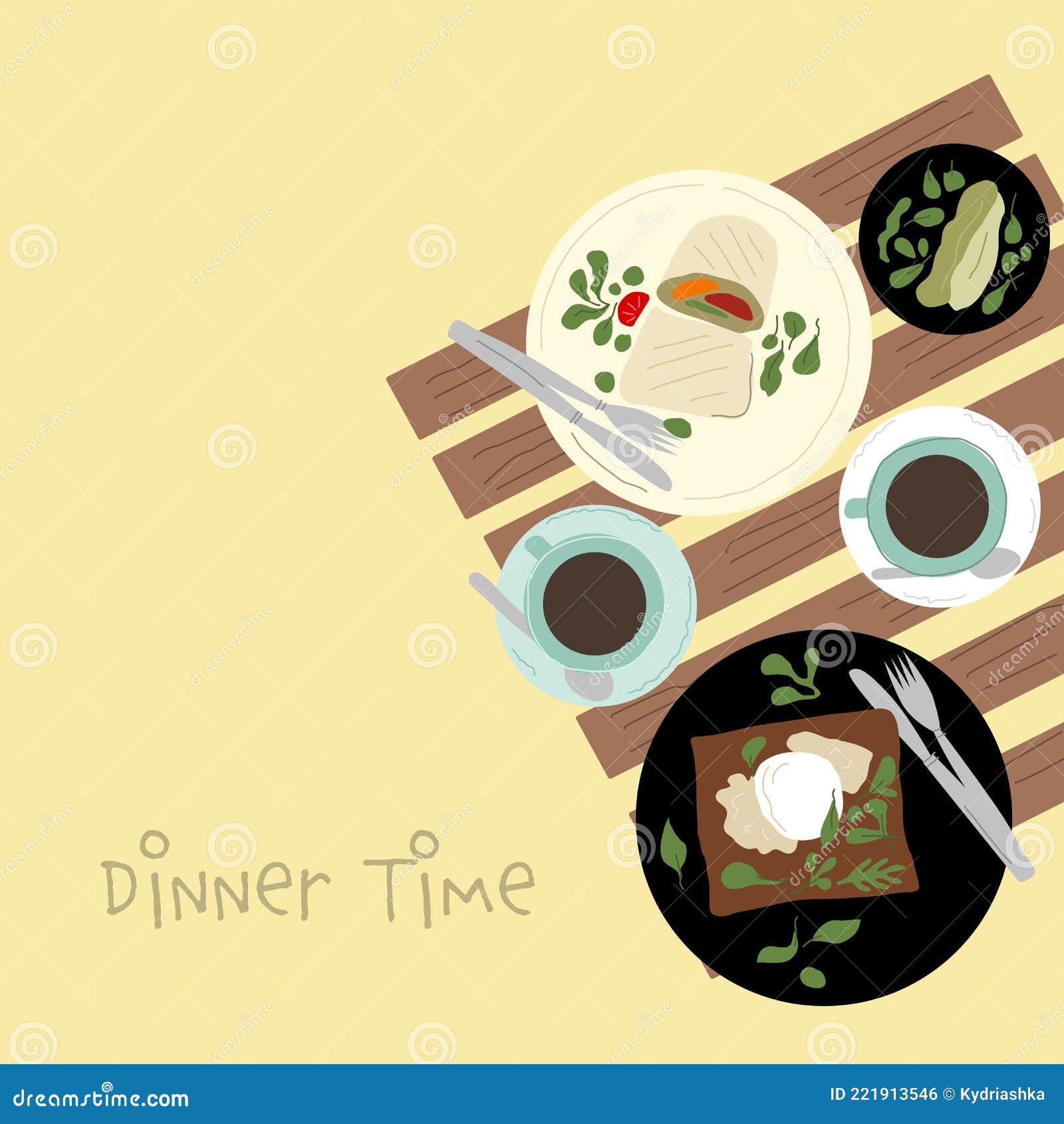 Dinner Time Illustration. Fresh Food and Drinks in Flat Style Stock ...