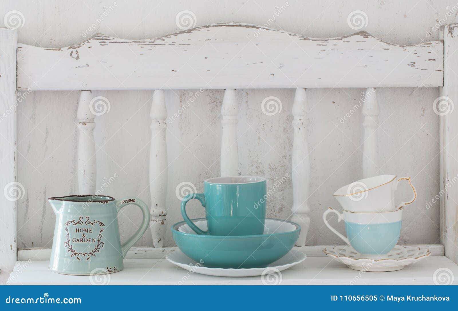 Dinnerware on White Wooden Shelf Stock Image - Image of restaurant ...
